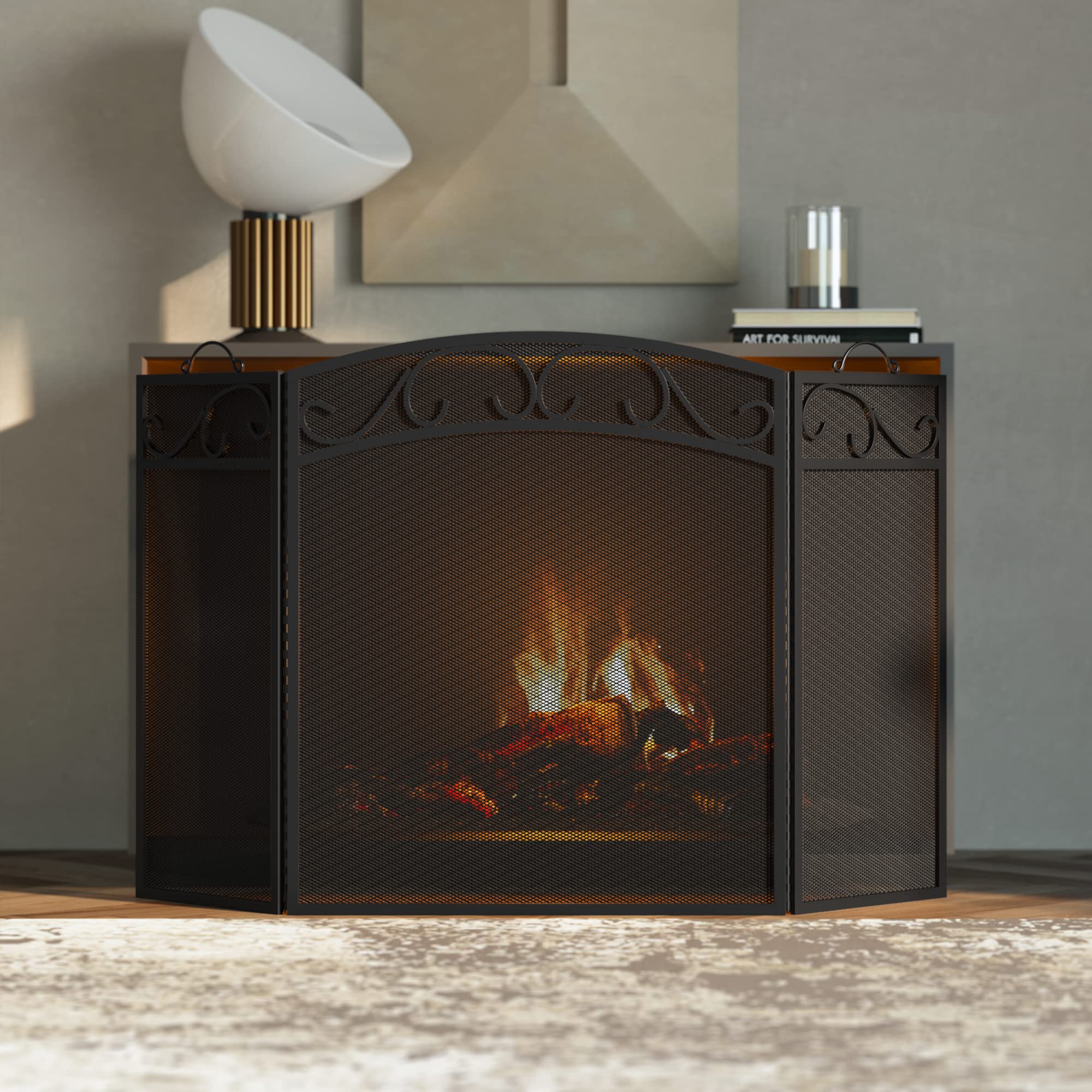 Fire Beauty Fireplace Screen 3 Panel with Handles Wrought Iron 51"(L) x31(H) Spark Guard Cover(Black)