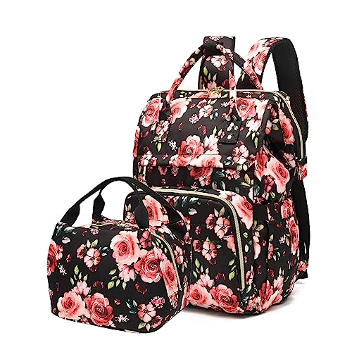Goodsnetic Laptop Backpack for women Cute Laptop Bag Computer Bag Floral Laptop Purse with USB Charging Port, 15.6-Inch,2 PCS, Black