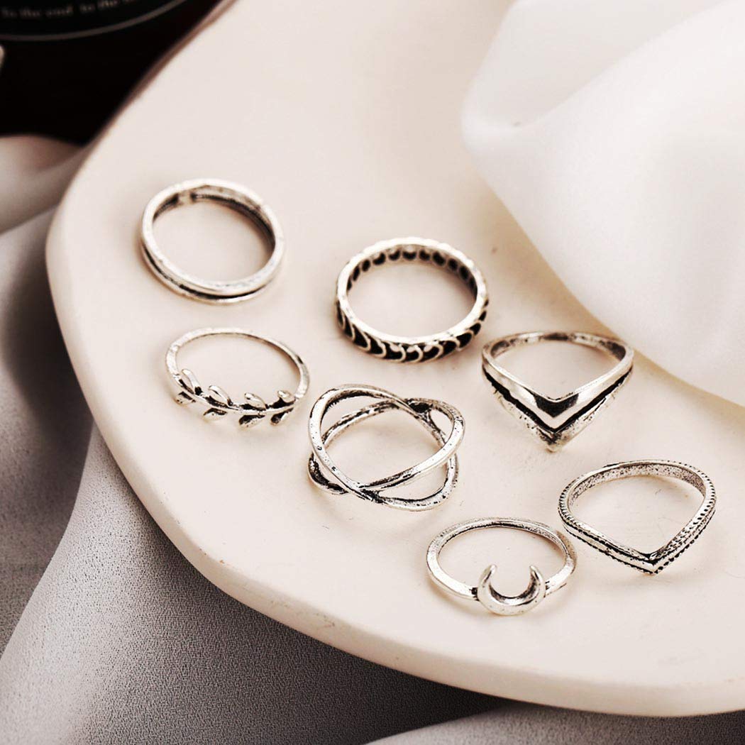 Evazen Boho Leaf Moon Knuckle Rings Vintage Silver Joint Knuckle Mid Ring Set with Crescent for Women and Girls (Set A)