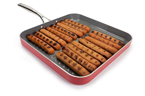 EaZy MealZ Square Non-Stick Grill Pan for Stove, Light weight, Perfect Grill Marks, Oven Safe up to 500 Degrees, Extra Large, 12" Red