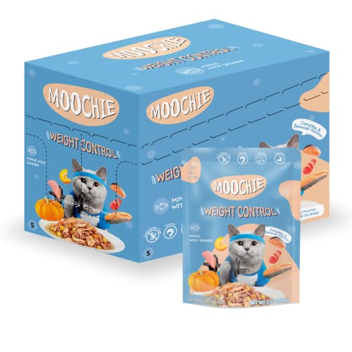 MOOCHIE Wet Cat Food - Weight Management - Grain Free Wet Cat Food - Minced Salmon & Prebiotics - No Added Preservatives or Artifical Flavoring - Adult Cat Food - 12 x 2.5oz Pouch