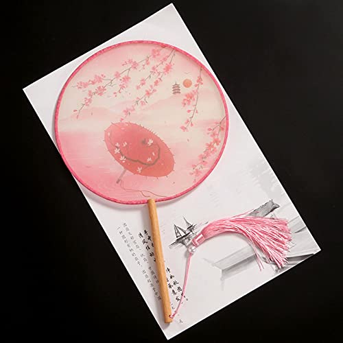 Folding Fan Chinese Style Printing Silk Dance Summer Classical Costume Palace Hanfu Women Tassel Small Round Fan (Color : 9)