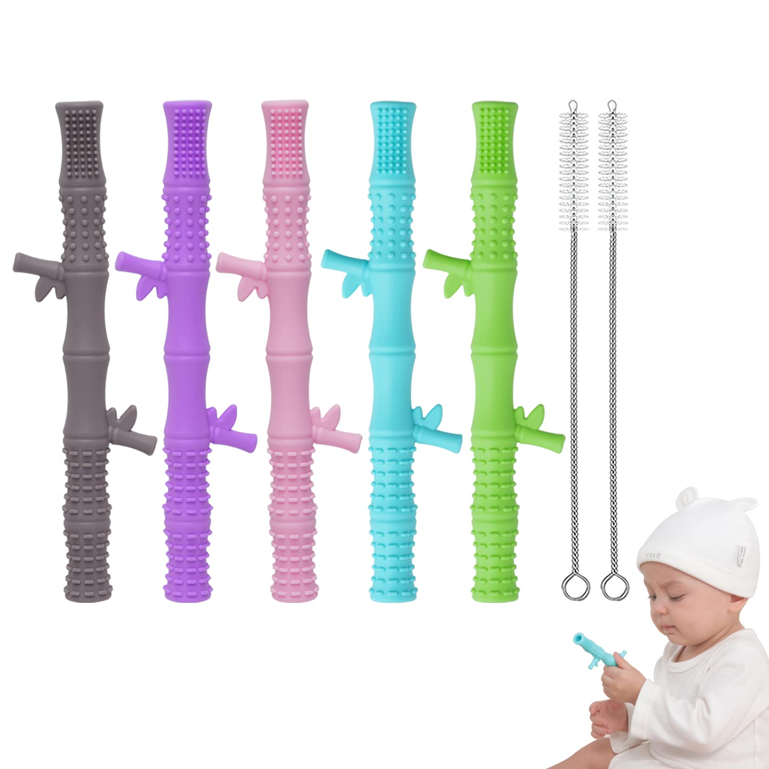 Hollow Teether Tubes, 5 Pack Chew Straw Toy with 2 Brushes, Windolphin Teething Toys for Babies 0-12 Months, Baby Molar Toy, Free BPA, Dishwasher and Freezer Safe