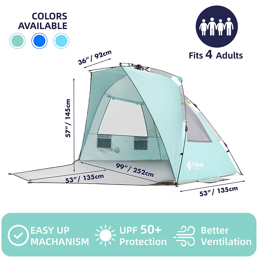 Falnex Beach Tent Classic XL Double Silver Coating UPF 50+ 4-6 Person Sun Shelter Beach Shade with Extended Zippered Floor Pacific Blue