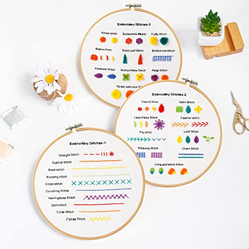 Santune Embroidery Kit - 3pcs Embroidery Patterns with Instructions for Beginners Cross Stitch Kits for Adults with 1 Embroidery Hoops, Color Threads and Needles, Good Hobbies for Women