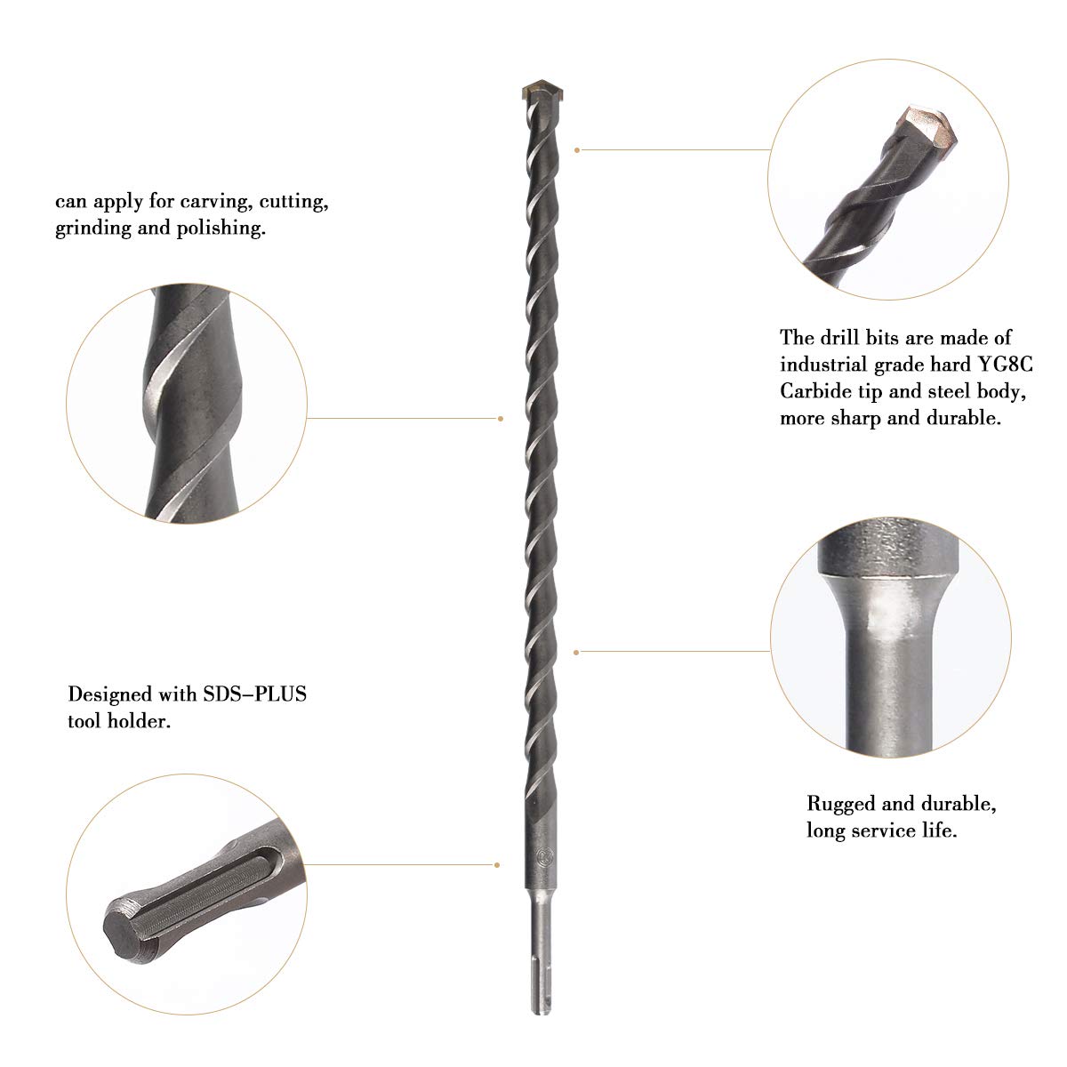 FYARES 20PCS Plus Rotary Hammer Drill Bits, Concrete Masonry Hole Tool,SDS+ YG8C Carbide Tip,for Steel/Copper/Aluminum Alloy