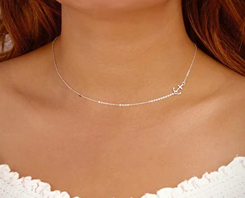 EVER FAITH Sideways Nautical Anchor Choker Necklace Hypoallergenic 925 Sterling Silver Sailor Jewelry Gift for Women