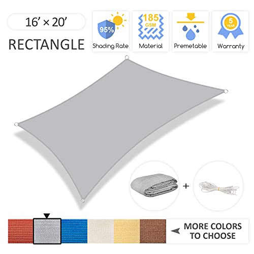 Garden expert 16'x20' Sun Shade Sail Light Grey Rectangle Canopy Sail Shade for Patio Garden Outdoor Backyard