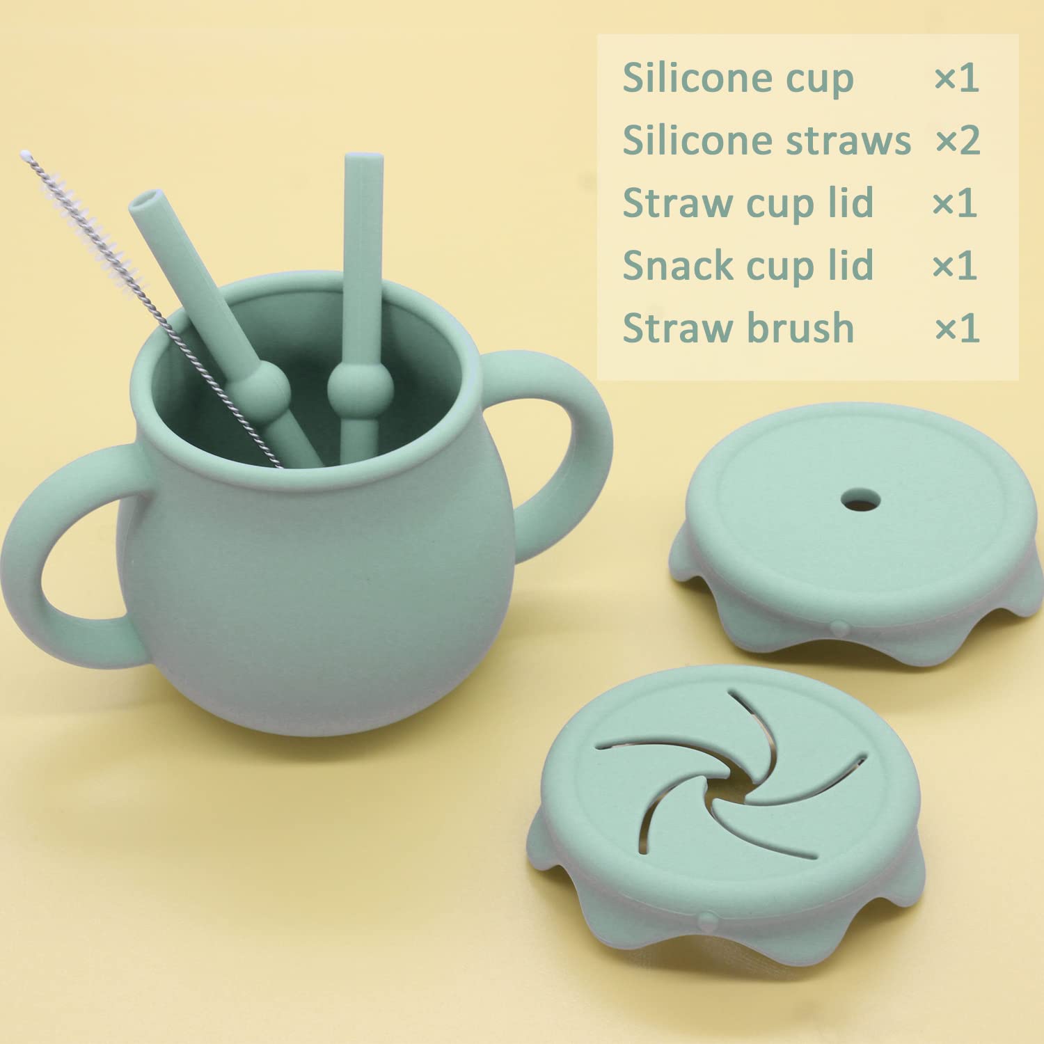 Ginbear 2-in-1 Silicone Baby Cups with Straw & Snack Cup Lid, 8.5 OZ Spill Proof Sippy Cups, Toddler Training Cup for ages 12 M+ (Hazy Green)