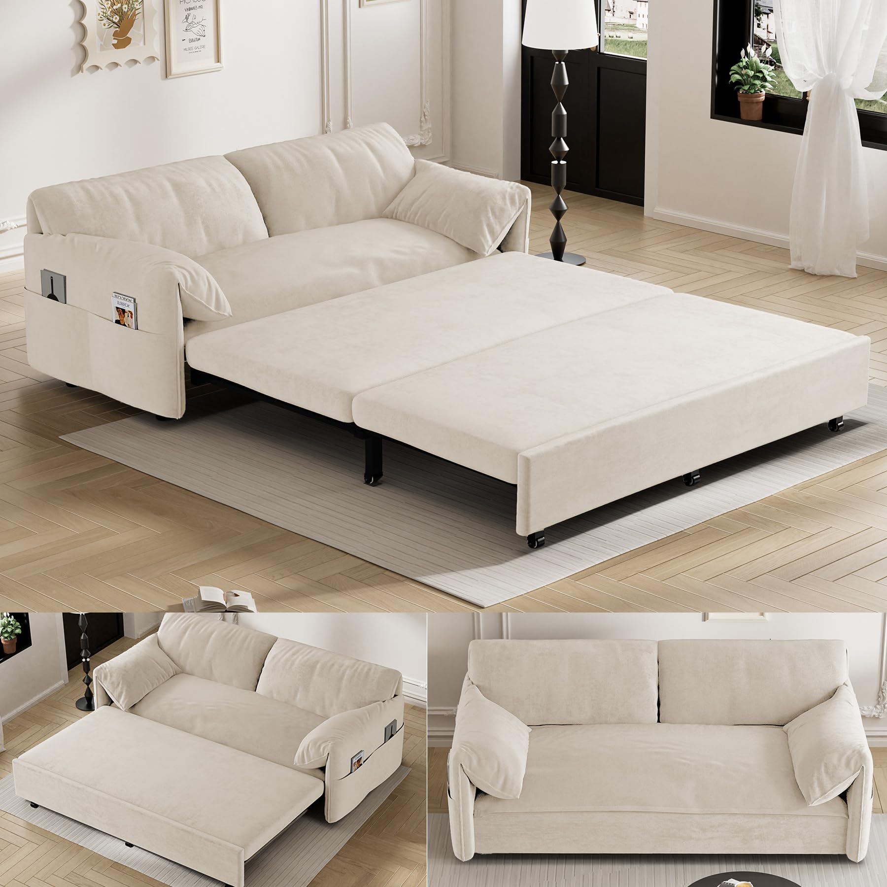 ONEMMLION 63.8" Queen Pull Out Couch Sofa Bed, 3 in 1 Convertible Sleeper Sofa with Side Storage, Velvet Loveseat Futon Comfy Cloud Couches for Living Room, Apartment, Small Space, Beige