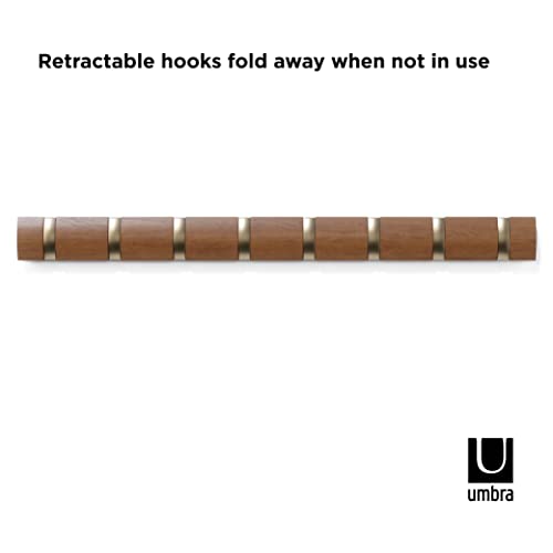 Umbra Flip Wall-Mounted Coat Rack Rail Hook for Hats, Jackets, Bags and More β Modern, Space-Saving Storage Organizer for Entryway, Mudroom, Closet, Bathroom, Bedroom, Kids Room, or Nursery, 8 Hooks, Light Walnut/Gold