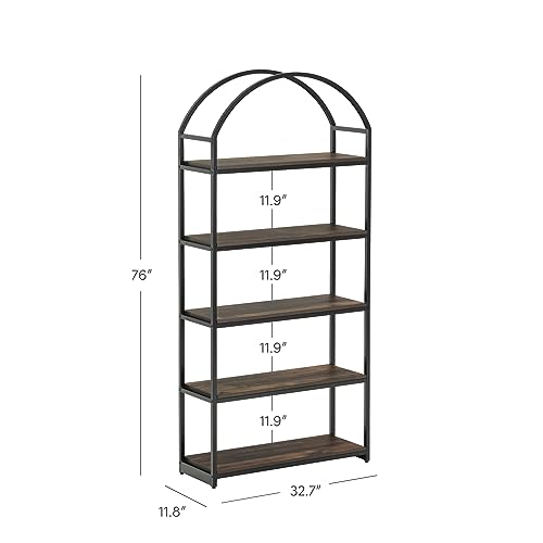 Nathan James Haven Etagere Bookshelf, 5-Shelf Bookcase in Nutmeg Wood and Black Metal Frame with Arch Top and Open Shelves, Nutmeg/Black