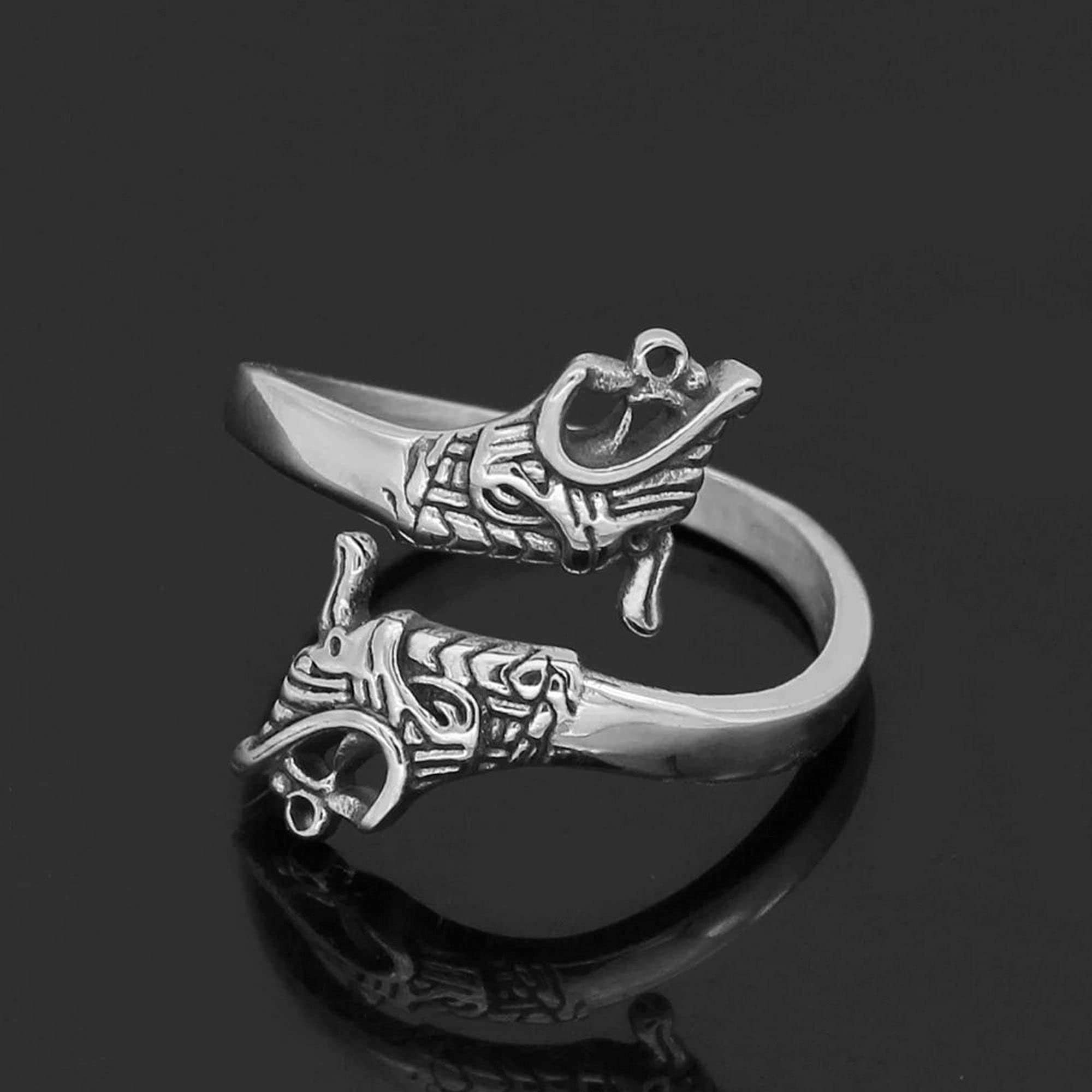 Fantasy Forge Jewelry Norse Wolves Geri Freki Ring Mens Womens Silver Stainless Steel Viking Wolf Band Sizes 9-13 (11)