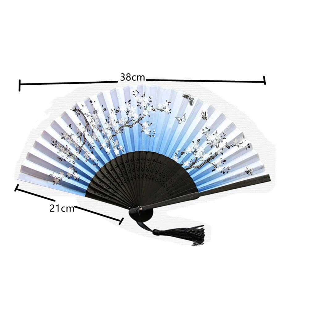 Folding Fan Handheld, Elegant Floral Two Color Butterfly Handmade Hand Fan Foldable with Navy Blue Tassel Aesthetic Chinese Fan Portable Handheld Fan for Dance Party Wedding Gift
