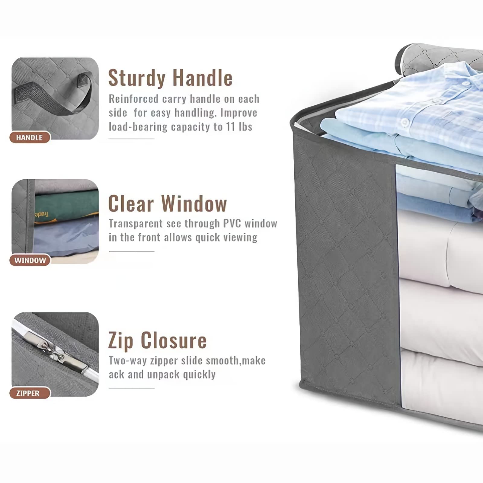 SGHUO 4 Pack Blanket Storage Bags with Zipper, Foldable Comforter Bag, Large Organizers for Blankets, Pillow, Quilts, Linen, Containers Thick Fabric, Sturdy Grey, 90L