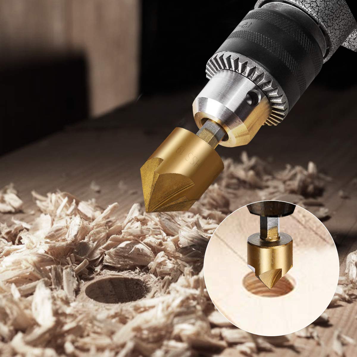 HTWORGRE Countersink Drill Bit, Baban Countersink Drill Bit Set 6 Pcs 1/4'' Hex Shank HSS 5 Flute Countersink 90 Degree Center Punch Tool Sets for Wood Quick Change Bit 6mm-19mm