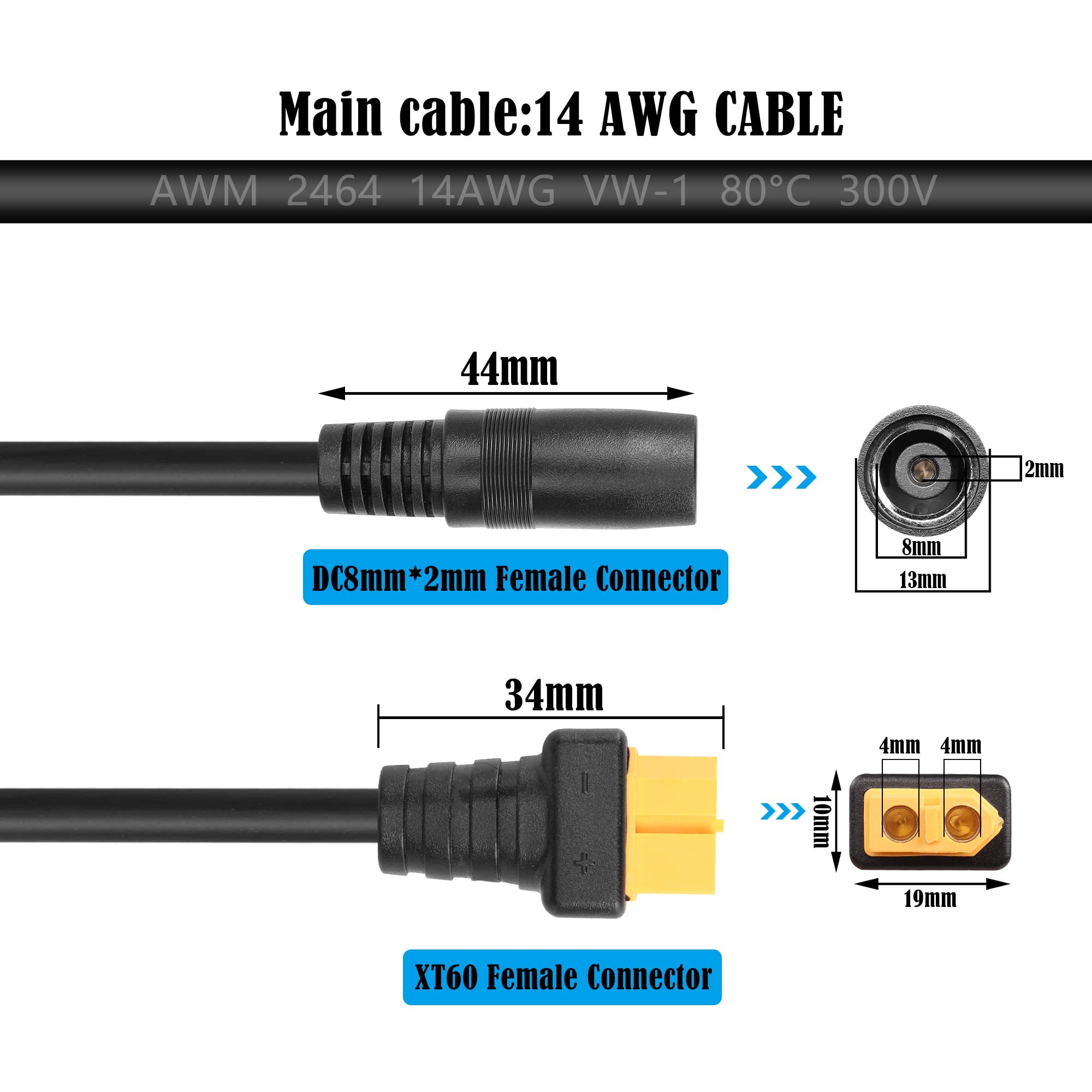 GINTOOYUN 2 PCS DC8020 to XT60 Power Cable 14AWG DC8mmx2.0mm Female to XT60 Female Power Cord for Solar Panel, Portable Charging Station,etc(59Inch)