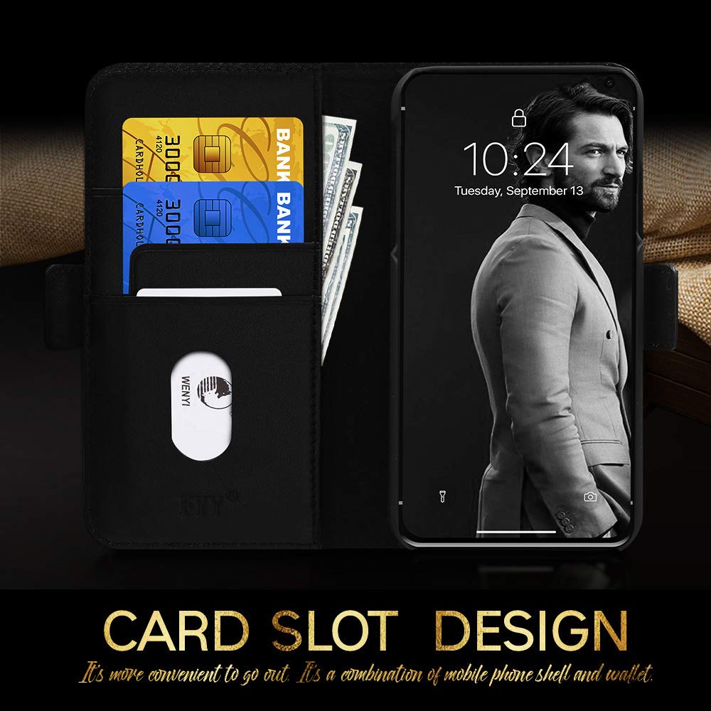 FYY Samsung Galaxy S10 6.1" Luxury [Cowhide Genuine Leather][RFID Blocking] Handcrafted Wallet Case, Handmade Flip Folio Case with [Kickstand Function] and [Card Slots] for Galaxy S10 (6.1") Black