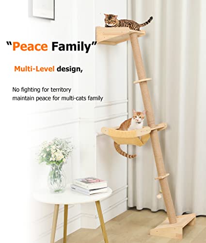 Wall Cat Tree with Hammock, 76" Tall Cat Wall Furniture Lean Against Wall Cats Climbing Tower for Active Indoor Climbers with Simply Suctions to Window
