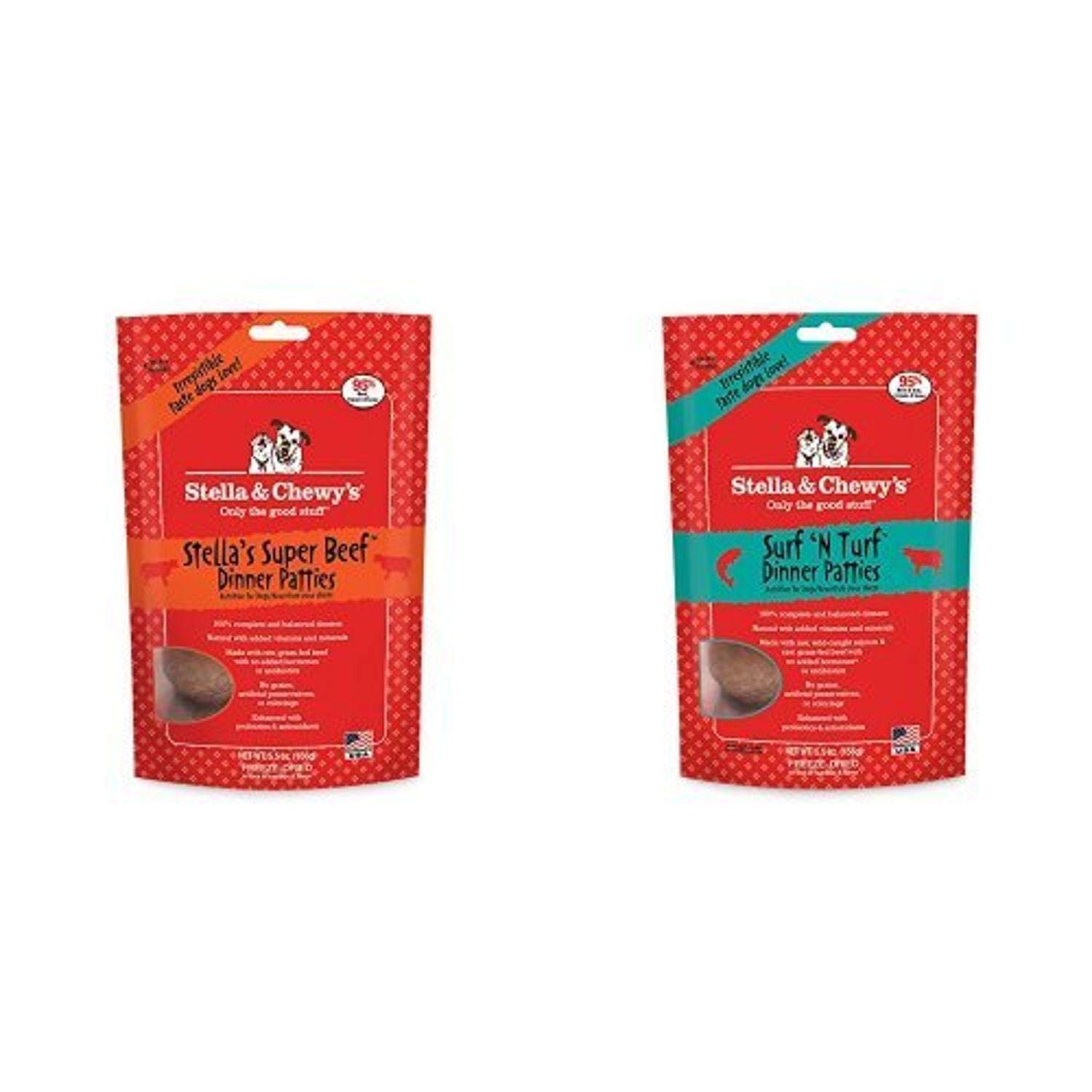 Stella & Chewy'S Freeze-Dried Raw Dinner Patties Dog Food Variety Pack Of 2 (Beef And Surf 'N Turf), 5.5 Oz. Each