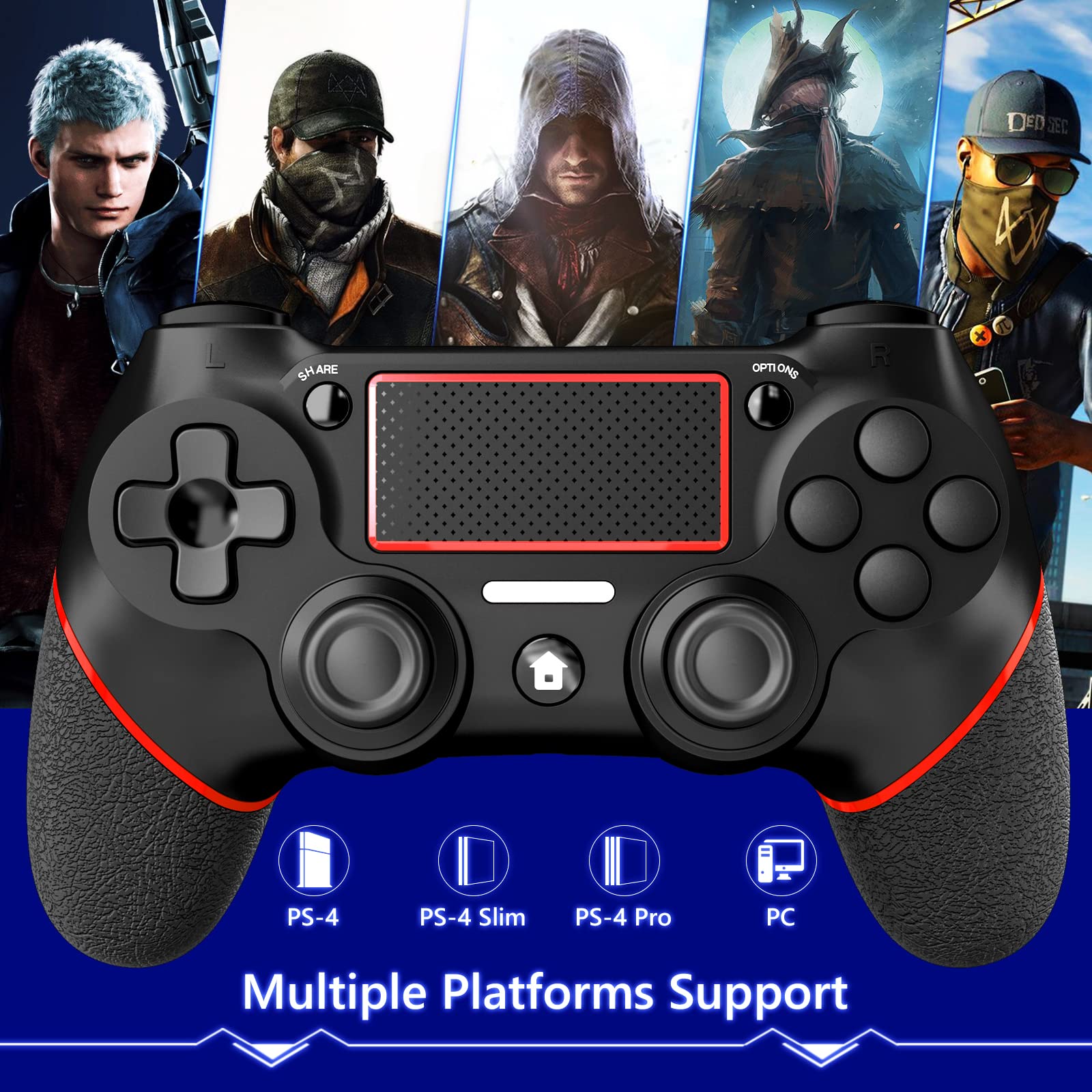 Famido Replacement for PS4 Controller, Compatible with PS4/Pro/Slim, Gamepad/Joystick Intended for Wireless PS4 Controller (red)