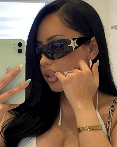 Rimless Y2K Sunglasses for Women Men,Trendy Shield Wrap Around Sunglasses Oversized Fashion Black Frameless Sun Glasses