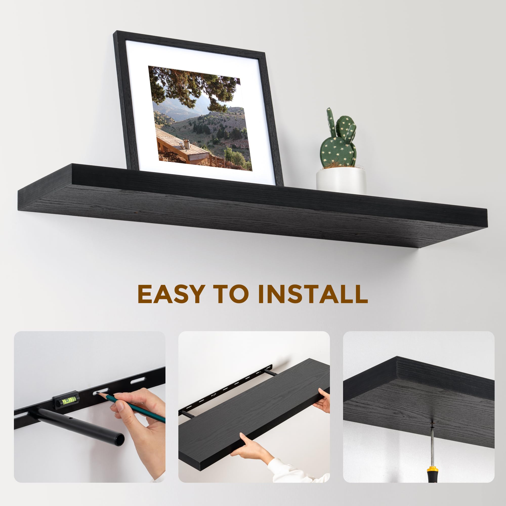 Floating Shelves Black 36 Inch Long, 9" Deep Floating Shelf Wall Mounted, Rustic Deep Bookshelf, Large Display Storage Shelves for Bathroom, Bedroom, Kitchen, 36"W x 9"D x 1.5"H, Set of 2