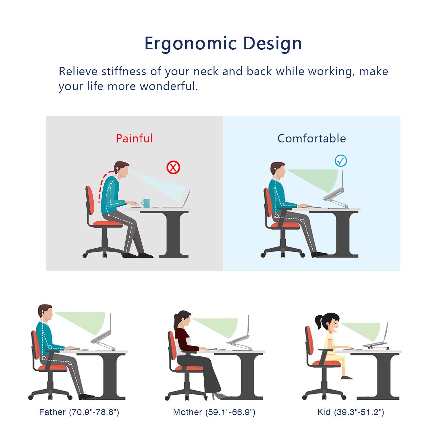 EPN Laptop Stand, Ergonomic Aluminium Alloy Computer Riser Adjustable Height Portable Holder for Desk with Heat-Vent, Compatible for MacBook Pro/Air, Dell XPS, HP, Samsung Laptops Up to 17" Silver