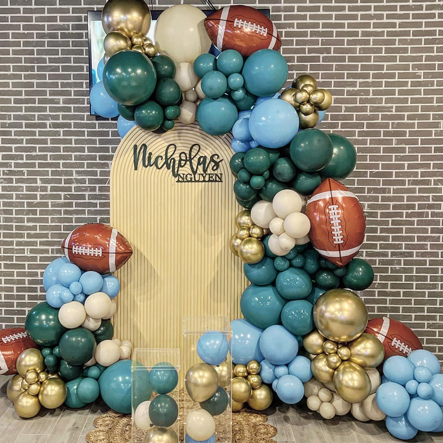 Football Balloons Arch Garland Kit 150PCS Dark Green Dusty Blue Sand White Balloons Rugby Mylar Balloons for Boho Super Bowl Eagle First Touch Down Birthday Party Baby Shower Decoration