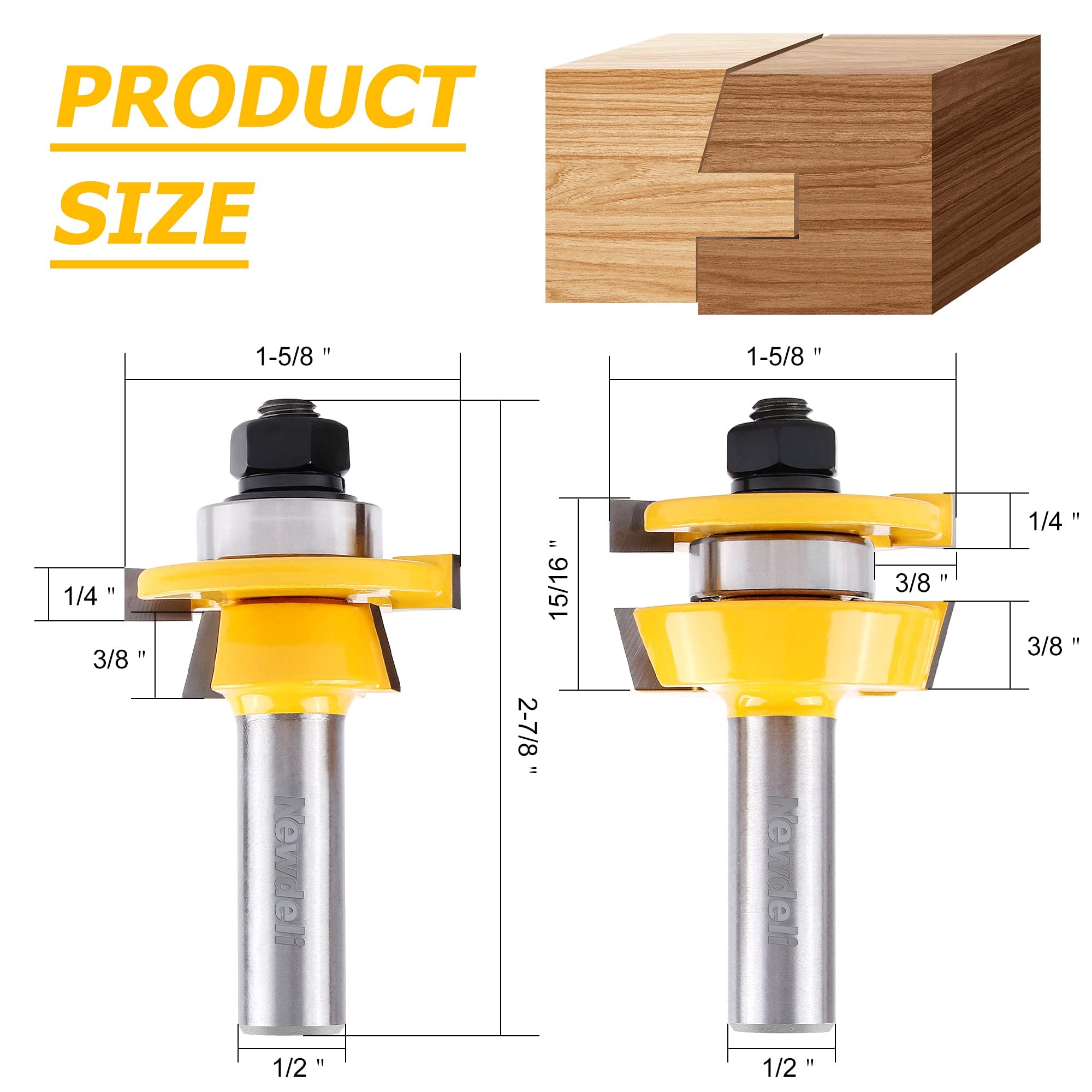 Shaker Rail and Stile Router Bits, Newdeli 1/2 Inch Shank Tongue and Groove Router Bit, Professional Carbide Milling Cutters for Woodworking for Cabinet Doors