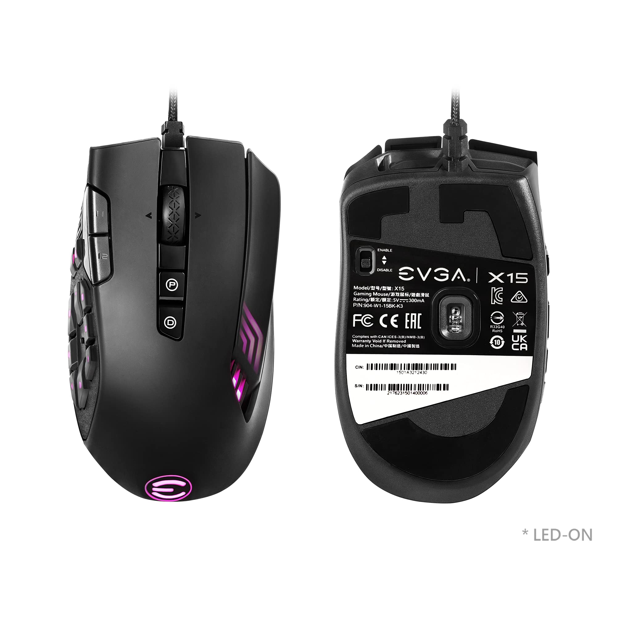 EVGA X15 MMO Gaming Mouse, 8k, Wired, Black, Customizable, 16,000 DPI, 5 Profiles, 20 Buttons, Ergonomic 904-W1-15BK-K3