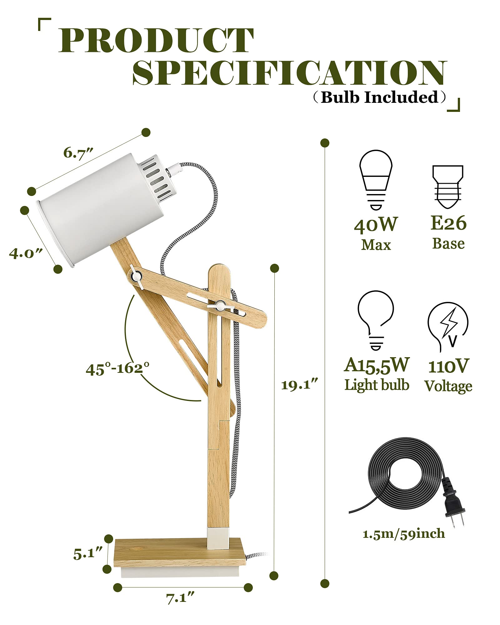 ELYONA Wireless Charging White Desk Lamp, Touch Control Rubber Wood Table Lamp with USB Charging Port, Swing Arm Reading Task Lights for Office, Dorm, Living Room Bedroom, Farmhouse, Bulb Included