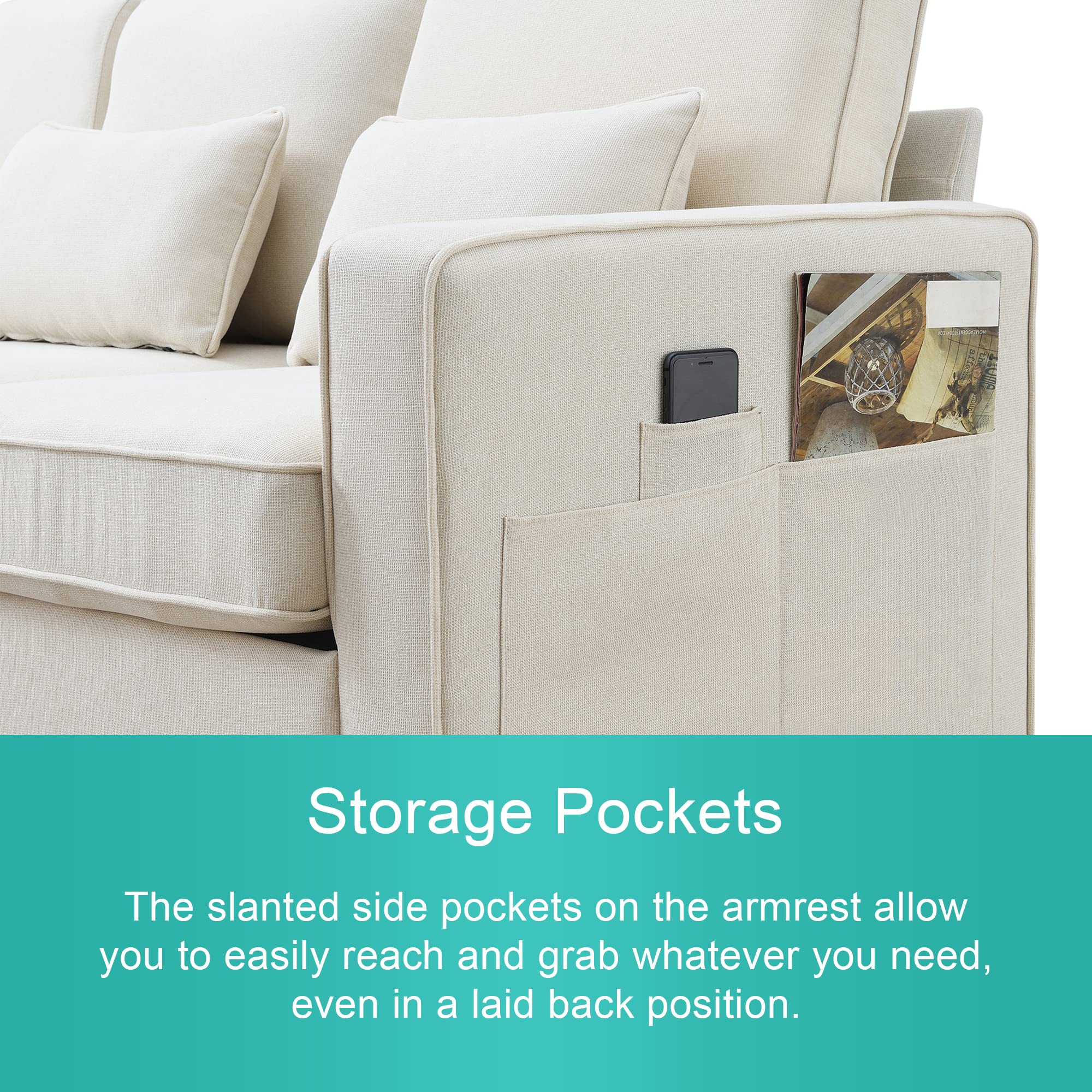 FIQHOME Upholstered Armrest Pockets and 4 Pillows, 4-Seater Modern Linen Fabric Sofa Minimalist Style Couches for Living Room, Apartment,Office,Beige