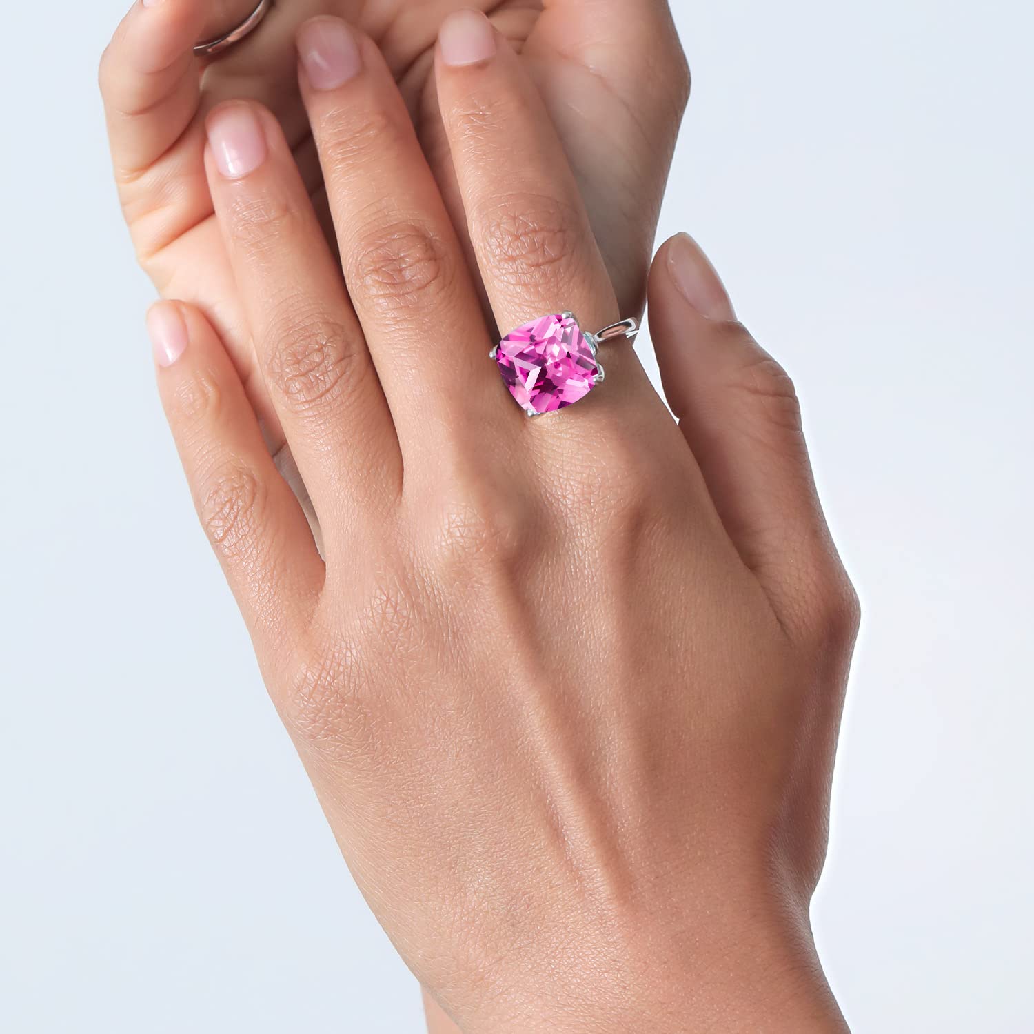 Gem Stone King 925 Sterling Silver Pink Created Sapphire and White Created Sapphire Engagement Ring For Women (14.62 Cttw, 14MM Cushion, Size 7)