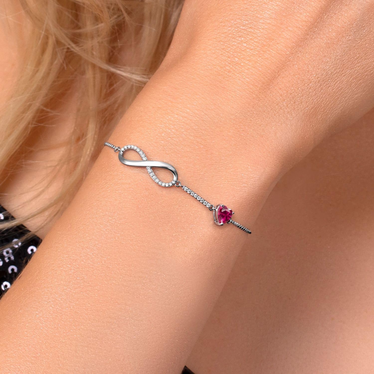 Gem Stone King 925 Sterling Silver Heart Shape 6MM Gemstone Birthstone and White Moissanite Infinity Tennis Bracelet For Women Fully Adjustable Up to 9 Inch