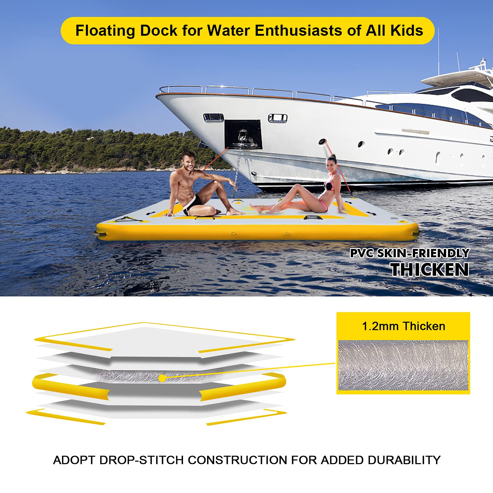 FBSPORT Inflatable Floating Dock Mat, 6ft x 5ft Inflatable Water Platform Swim Deck with None-Slip Surface,6 Inch Thick PVC Construction,Floating Platform for Pool Beach Ocean