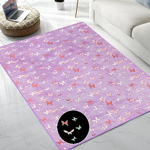 QH Seamless Butterfly Pattern Glow in The Dark Area Rug Area Rug for Living Room Bedroom Playing Room 72 x 60 Inch