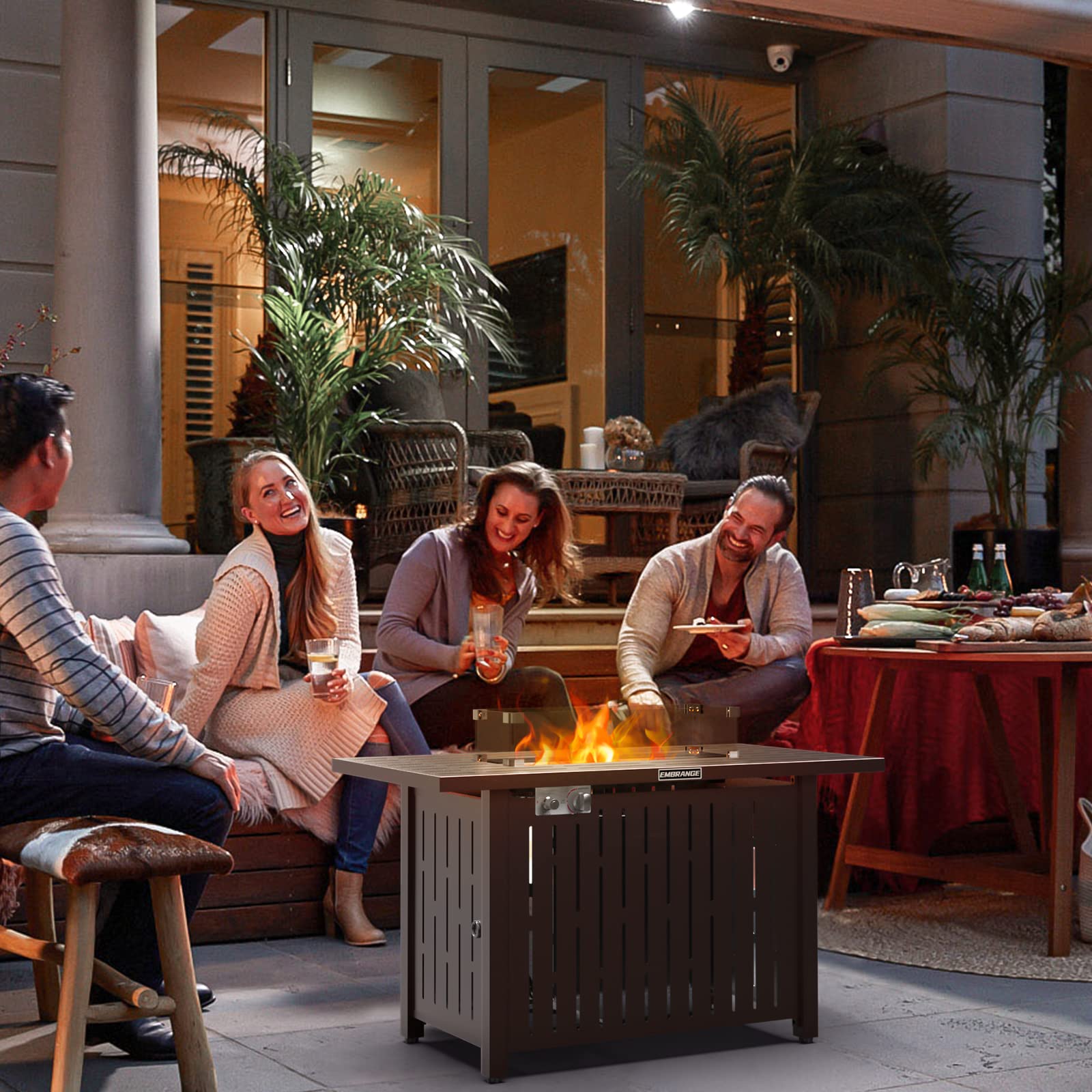 EMBRANGE 43-" Propane Gas Fire Pit Table, Pulse Ignition 50,000BTU CSA Certification Rectangle Firepit Table with Glass Wind Guard Fire Glass Metal Lid & Cover for Outside (Brown) (USAKKOYN1038057)