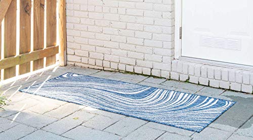 Unique Loom Outdoor Modern Collection Area Rug - Pool (2' x 6' 1" Runner, Blue/ Ivory)