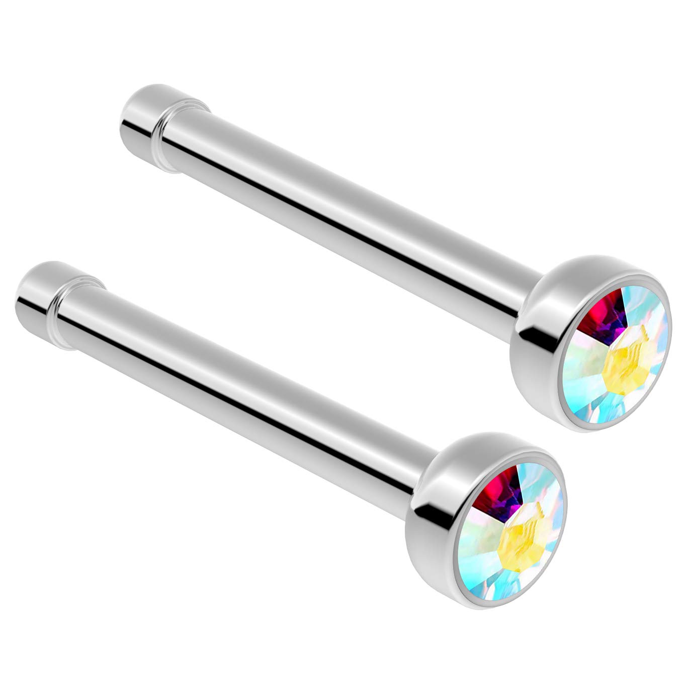 Evonix 2pc Surgical Steel Guage Nose Stud Ring 18g 1mm Flesh Nostril Straight Pin Crystal Piercing Jewelry AB Aurora Borealis