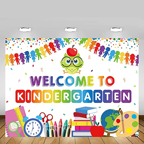 MEHOFOND 7x5ft Welcome to Kindergarten Backdrop Owl Colorful Flags Back to School Kids Classroom Party Decorations First Day in Preschool Kindergarten Photography Background Photo Studio