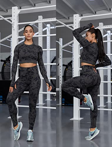 GYMTALENT High Waisted Seamless Workout Sets for Women, Butt Lifting Yoga Sets, Butt Lifting Tummy Control Camo Dark M