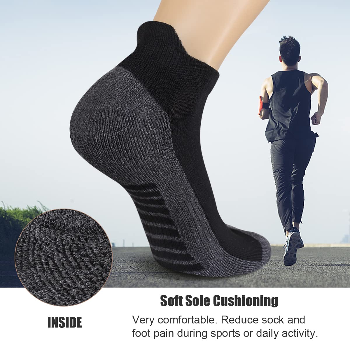 eallco Mens Ankle Socks Low Cut Athletic Cushioned Running Tab Socks 6 Pack