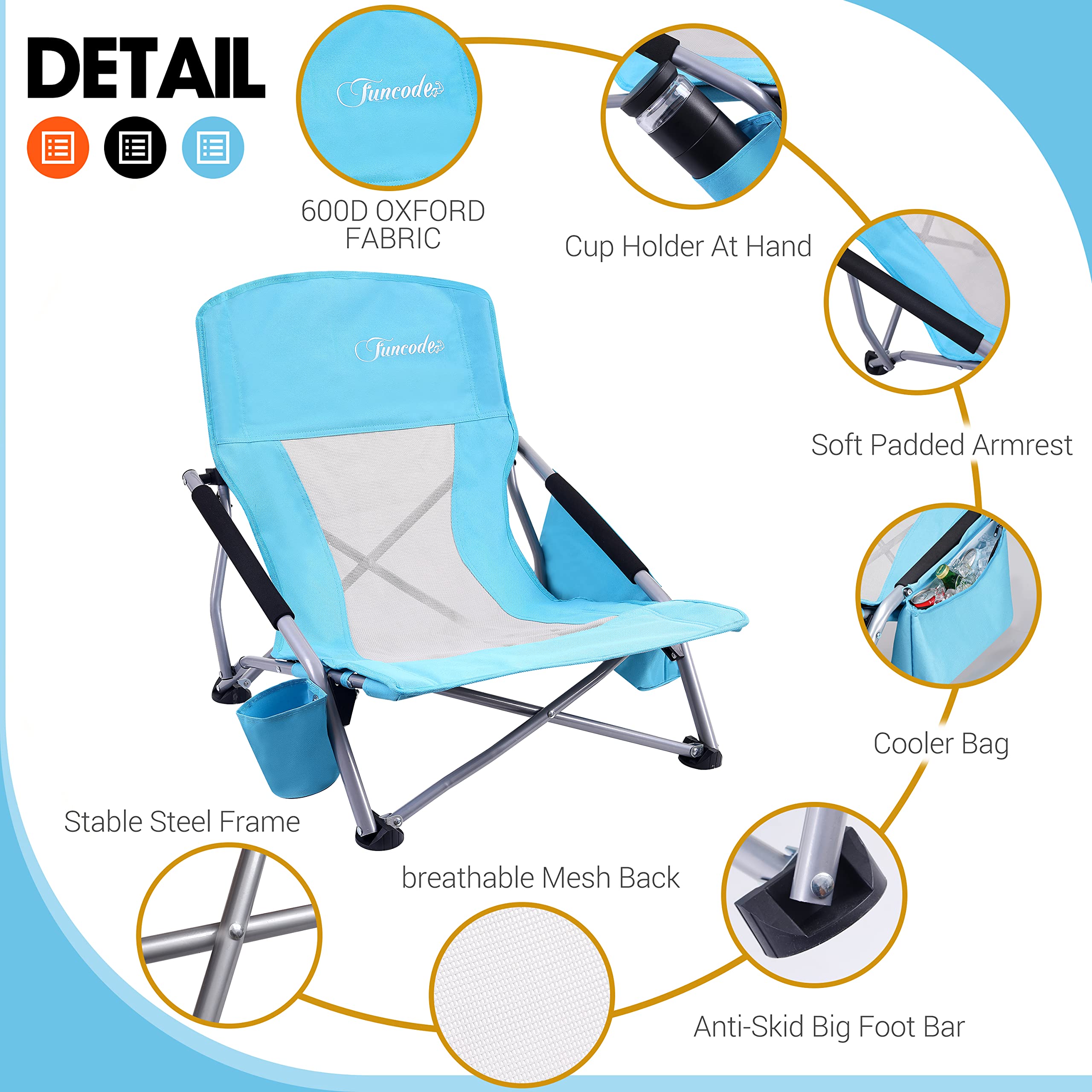 Funcode Low Beach Camping Folding Chair with Cooler bag,Heavy Duty Portable Chair with Carry Bag for Camping, Beach, Picnic, Barbeques, Sporting Event.(ORANGE-2)