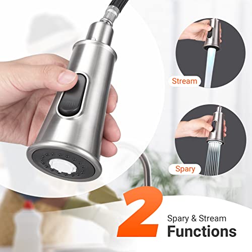 Kitchen Faucet with Pull Down Sprayer - LEPO Kitchen Sink Faucet with Led Light, Brushed Nickel, High Arc Commercial Stainless Steel Pull Out Rv Kitchen Faucet Bar(No Batteries Required)