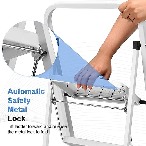 SIMPLI-MAGIC Step Ladder, 3 Step Stool Ergonomic Folding Step Stool with Wide Anti-Slip Pedal Sturdy Step Stool for Adults Multi-Use for Household, Kitchen,Office Step Ladder Stool (3 Step - White)
