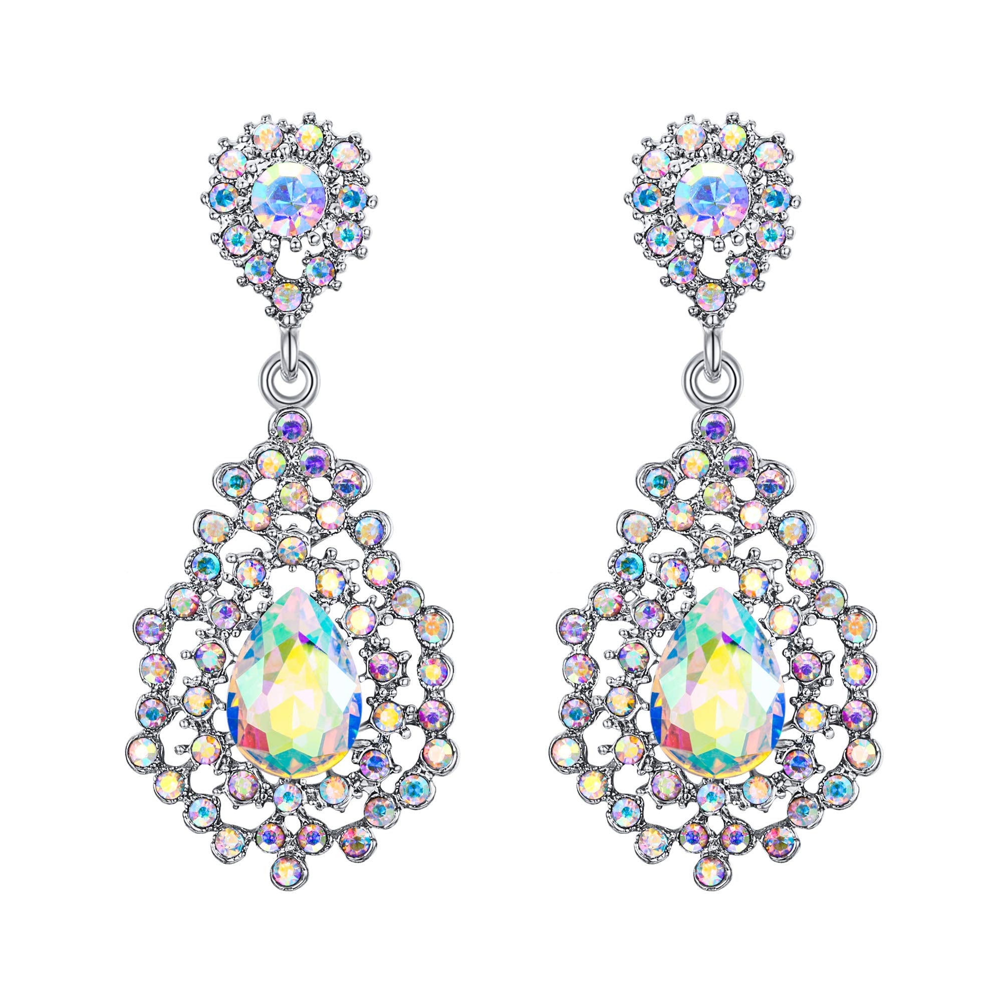 EVER FAITH Austrian Crystal Art Deco Hollow Bride Drop Dangle Earrings Iridescent Clear AB Silver-Tone
