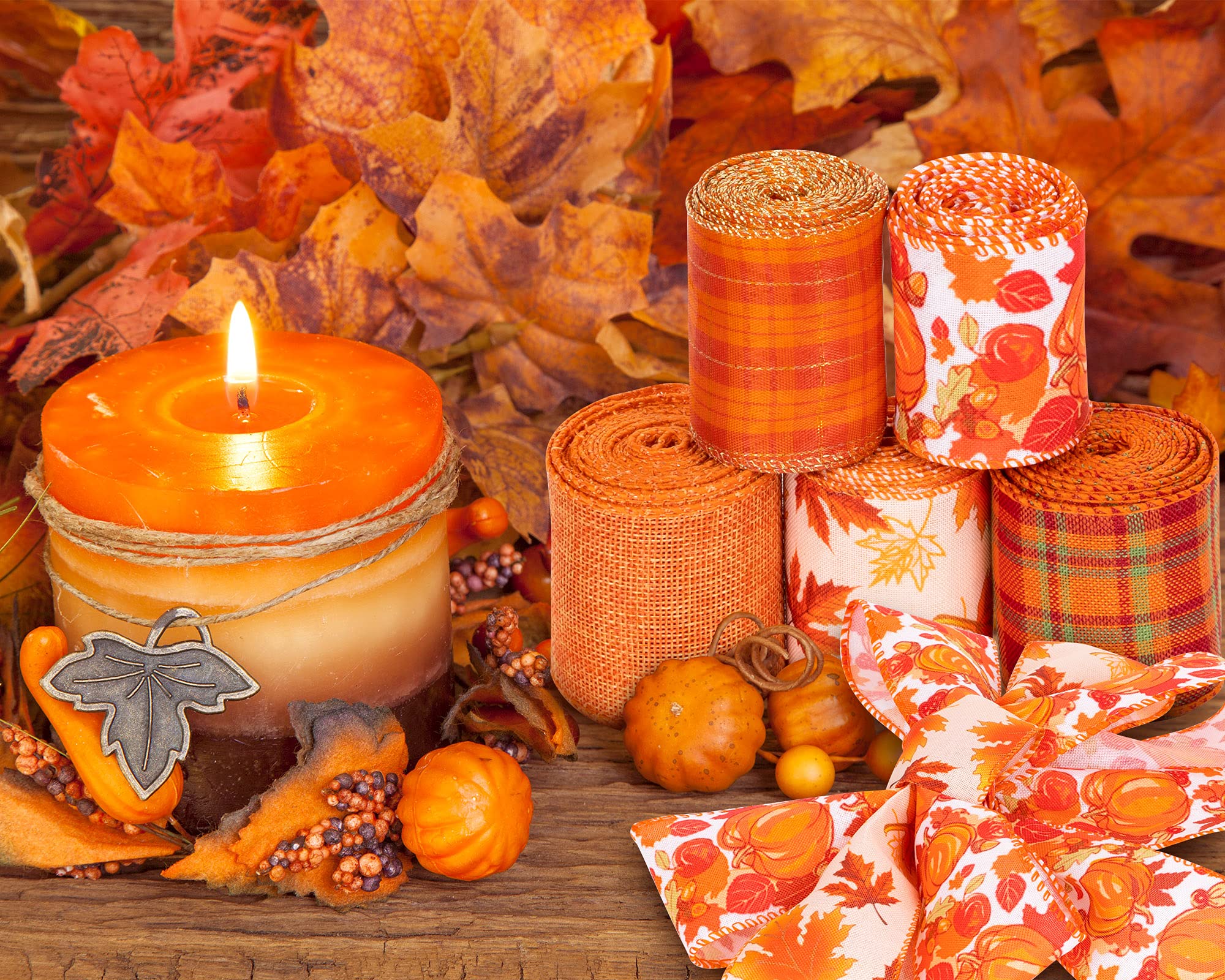 Whaline 6 Rolls Fall Thanksgiving Burlap Ribbon 30 Yard Orange Plaid Autumn Harvest Ribbon Pumpkin Fall Leaves Wired Edge Wrapping Ribbon Rustic Craft Ribbon for Wreath Floral Bows Craft Decor, 2.5In