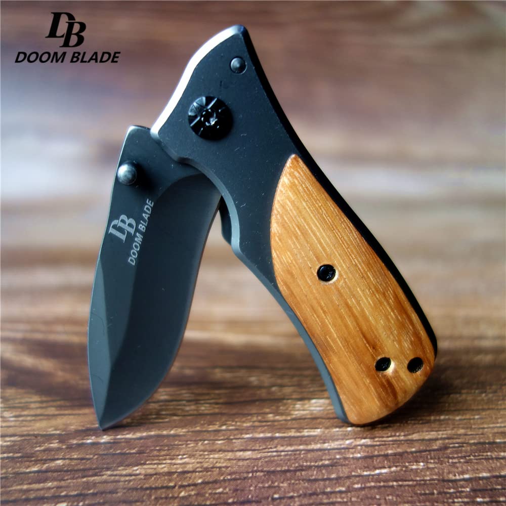 Folding Knife EDC Pocket Knife, Wood Handle with Drop Clip Point Blade,Flipper Clip Pocket Knife for Camping Hunting Hiking