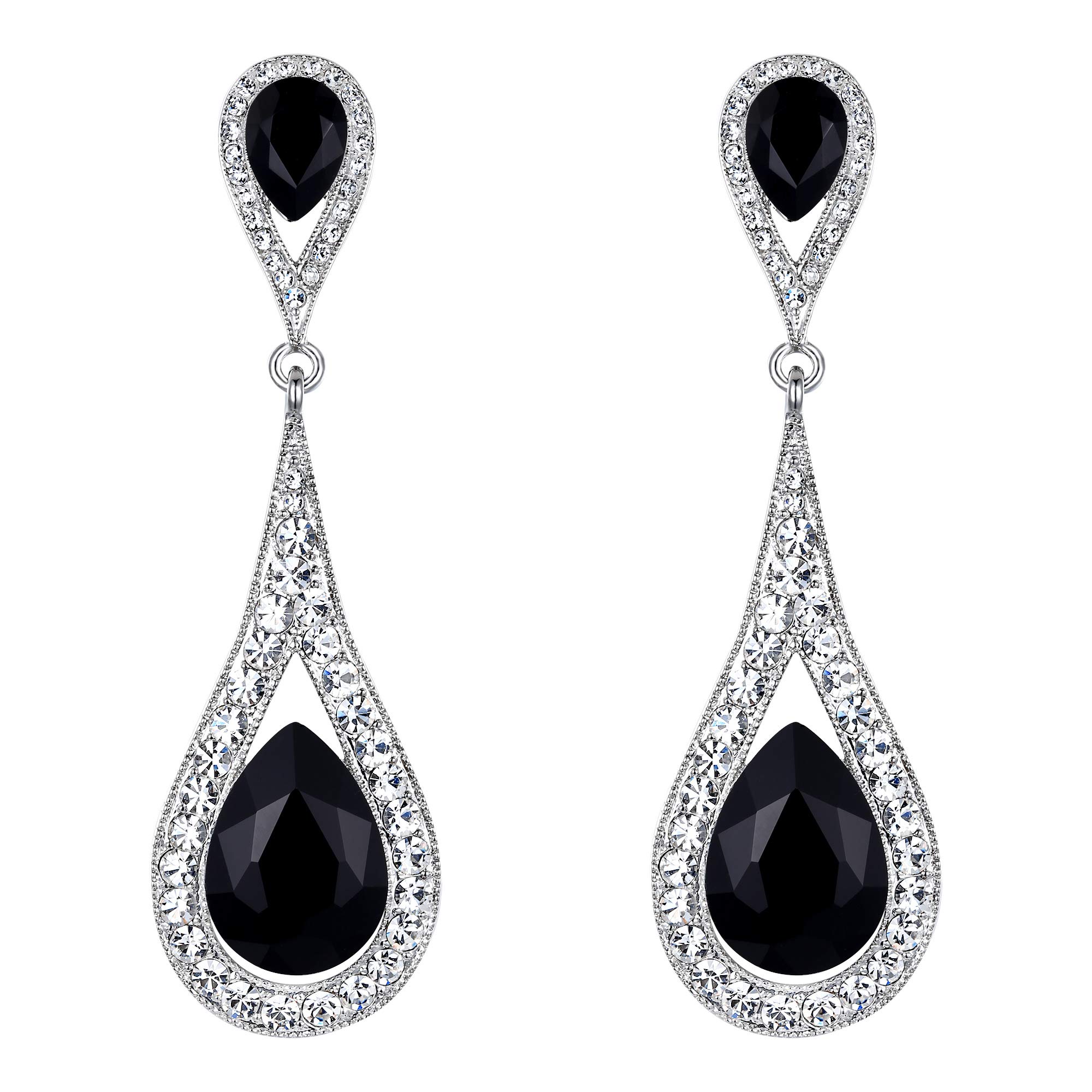EVER FAITH Costume Jewelry Crystal Dual Teardrop Pierced Drop Dangle Earrings for Women Black Silver-Tone